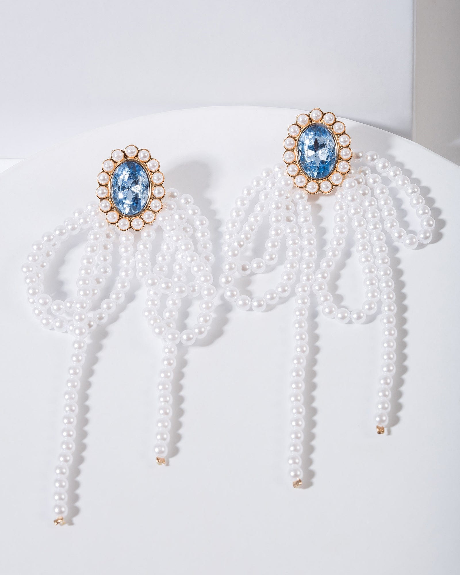 Blue Oval Crystal And Pearl Loop Drop Earrings | colette hayman
