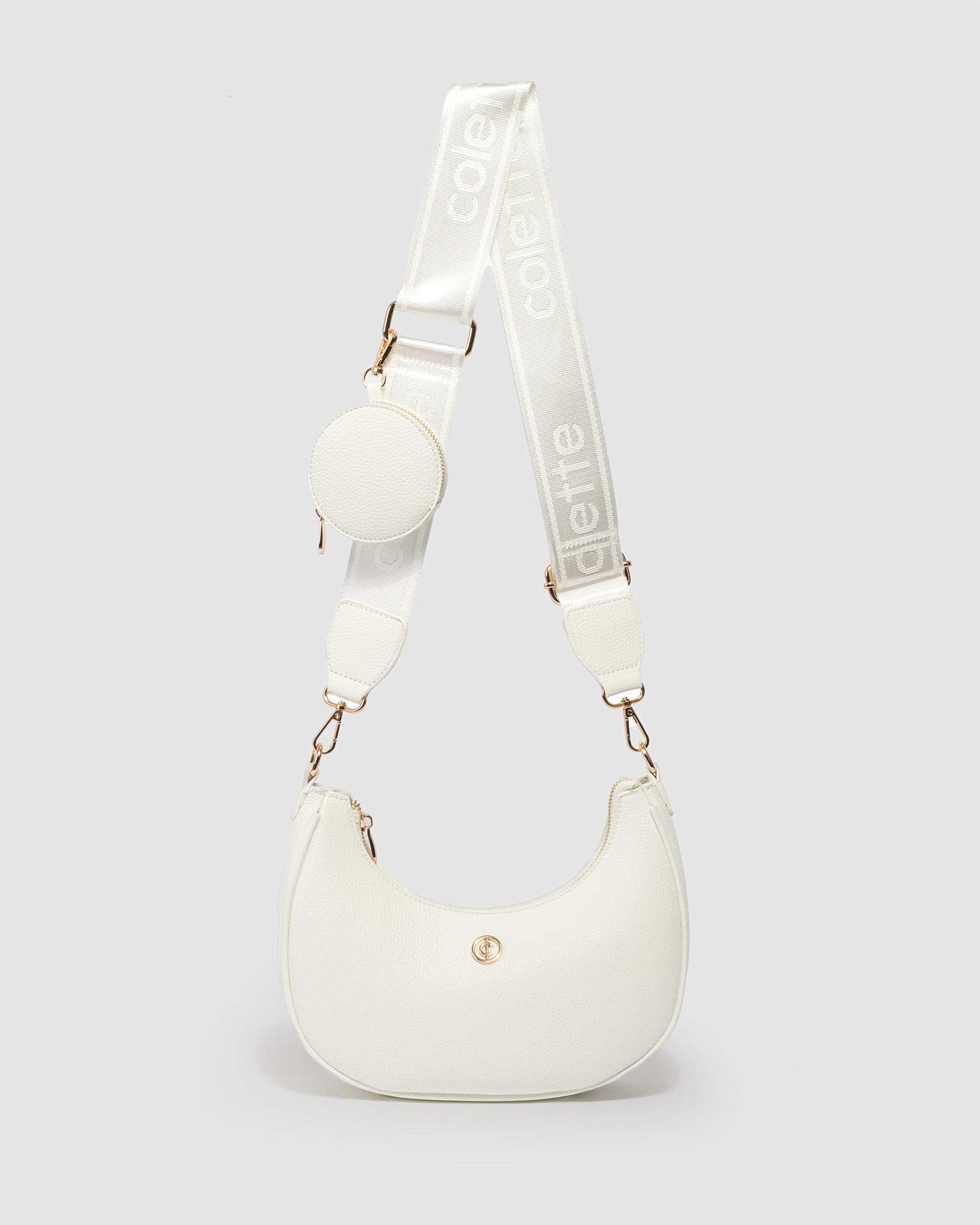 White Flavia Webbing Crossbody Bag with Gold tone Hardware | Colette Hayman